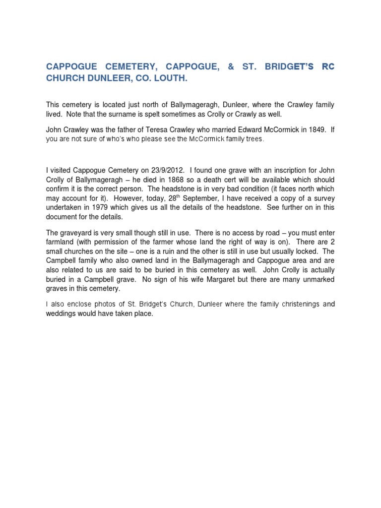 Crawley-Campbell-Louth-Byrne Dunleer | PDF | Cemetery | Funeral