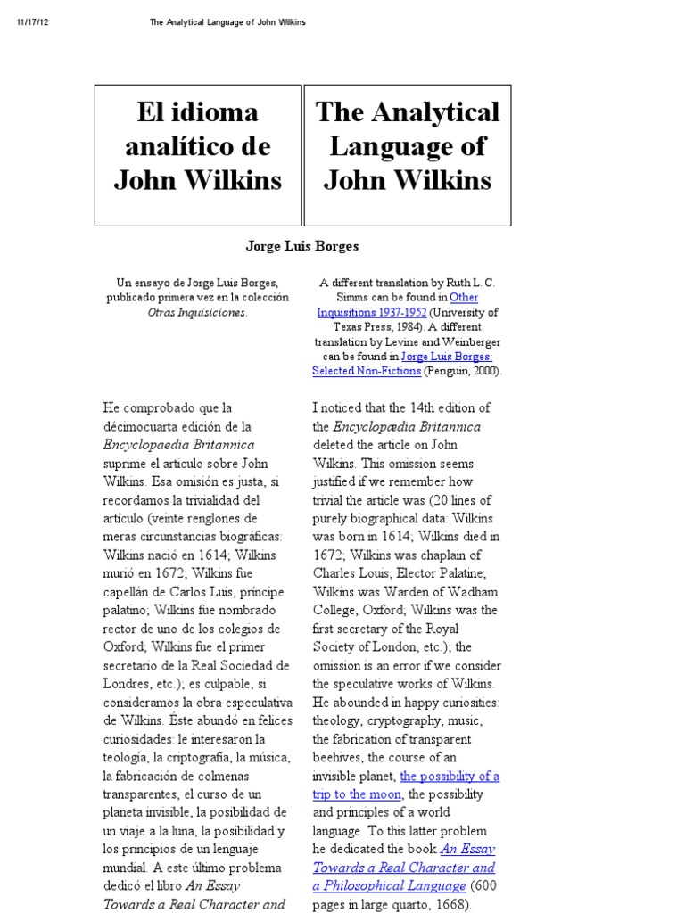 The Analytical Language of John Wilkins | PDF | Lingüística | Semiótica