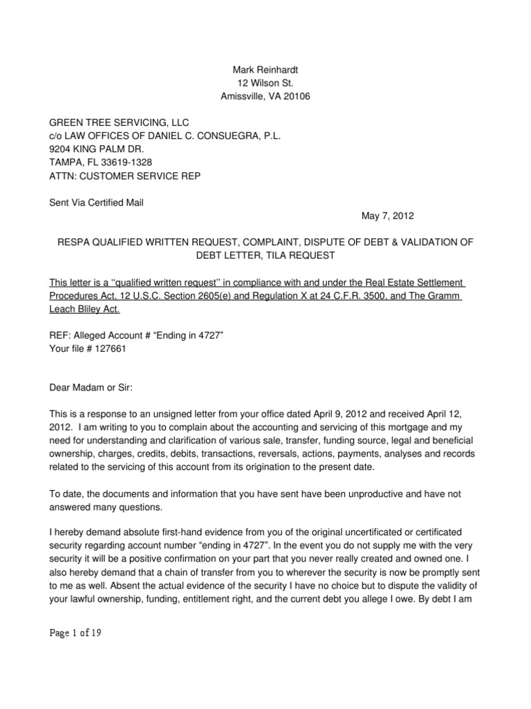 RESPA Letter to Greentree | Debits And Credits | Mortgage Loan