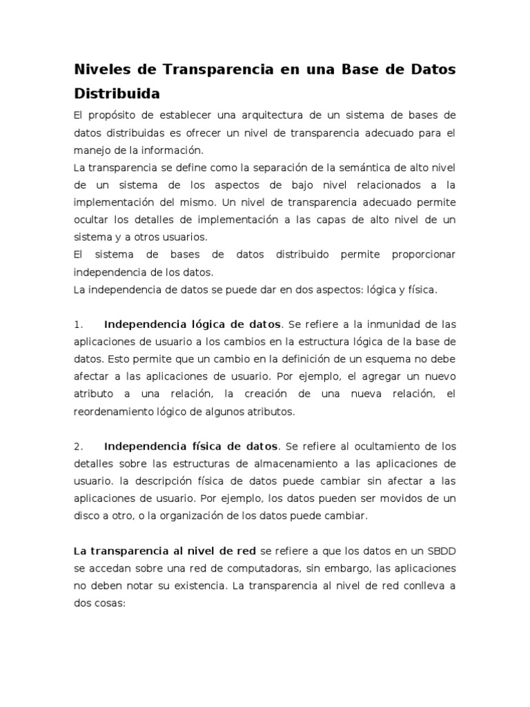 Niveles de Transparencia en Una Base de Datos Distribuida | PDF | Bases de datos | Red de ...