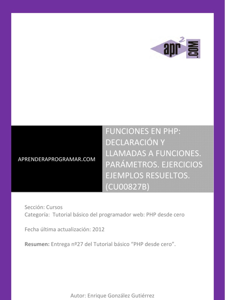 Funciones PHP Declaracion Llamadas Parametros Ejemplos Recueltos PDF | PDF | Lenguaje de ...