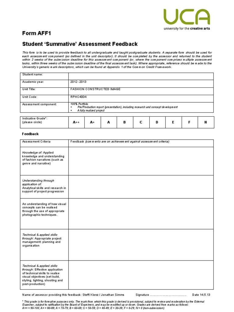 Student Assessment Feedback Form | PDF