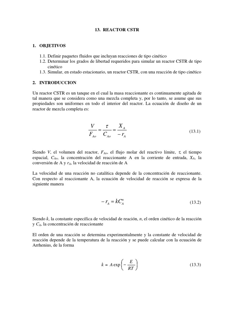 Simulación de un reactor CSTR con una reacción cinética de primer orden para la obtención de ...