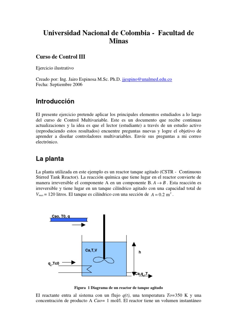 Ejercicio Ilustrativo CSTR | PDF | Reactor Quimico | Matlab