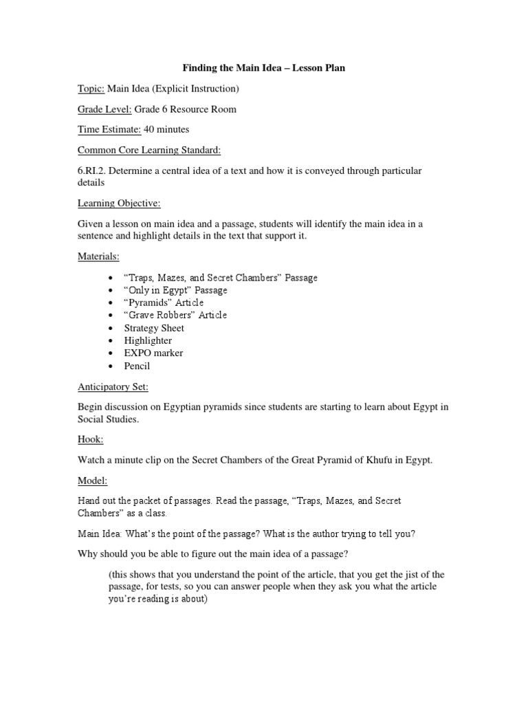 Finding The Main Idea Lesson Plan | Download Free PDF | Egyptian ...