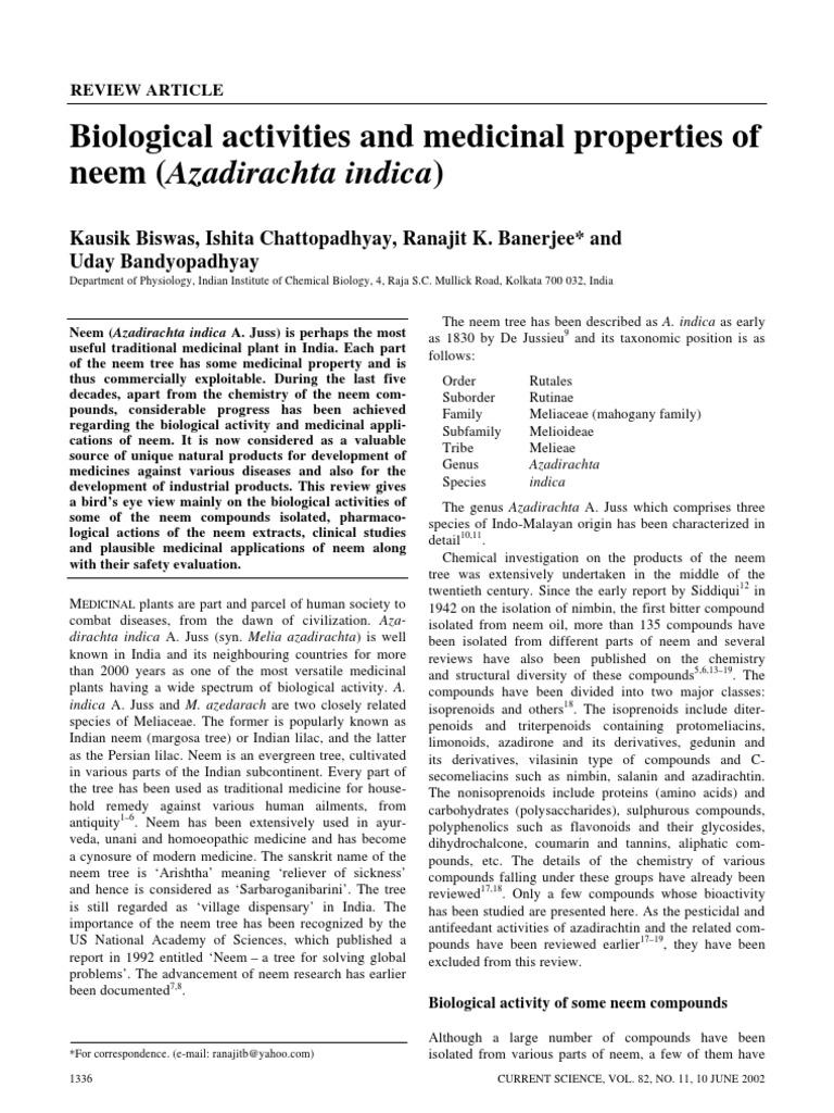 Neem: Biological Activities and Uses | PDF | Toxicity | Anti Inflammatory
