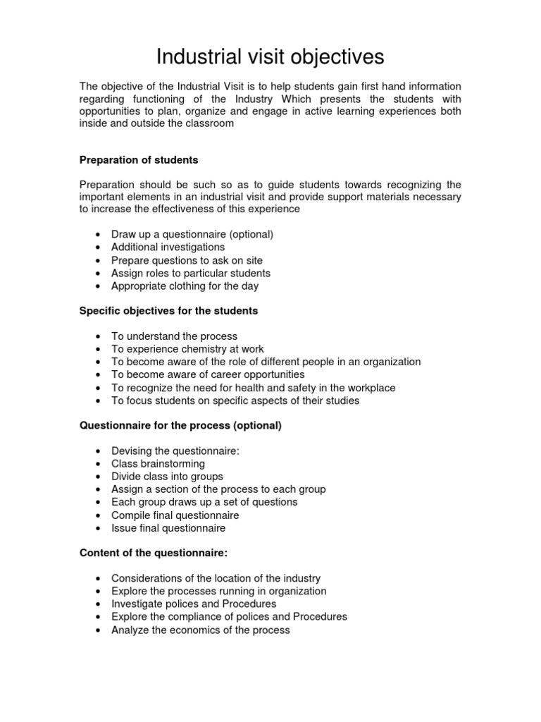 Objectives of Industrial Visit for Students | PDF | Occupational Safety ...