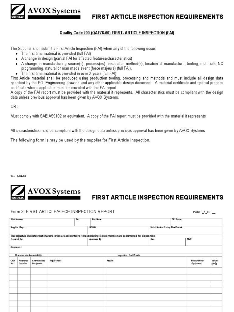First Article Inspection Requirements | Download Free PDF | Products ...