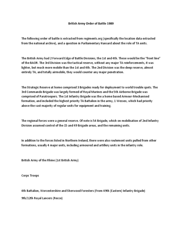 British Army Order of Battle 1989 | Regiment | Battalion