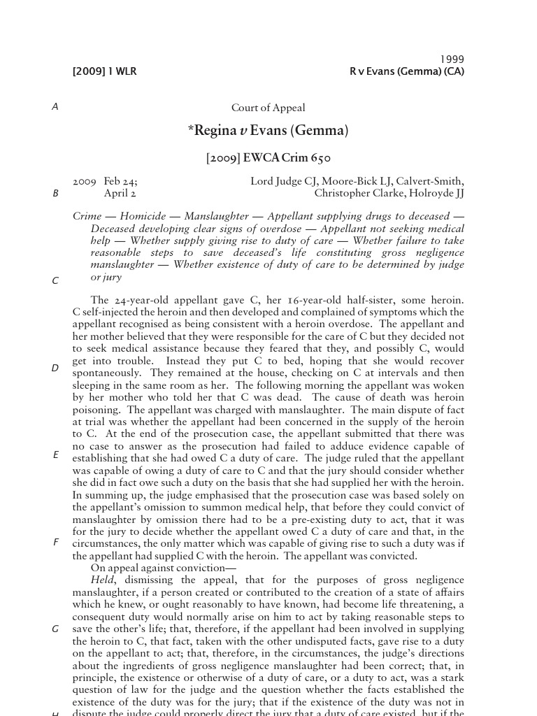 R v. Evans (2009) 1 W.L.R. 1999 | PDF | Manslaughter | Negligence