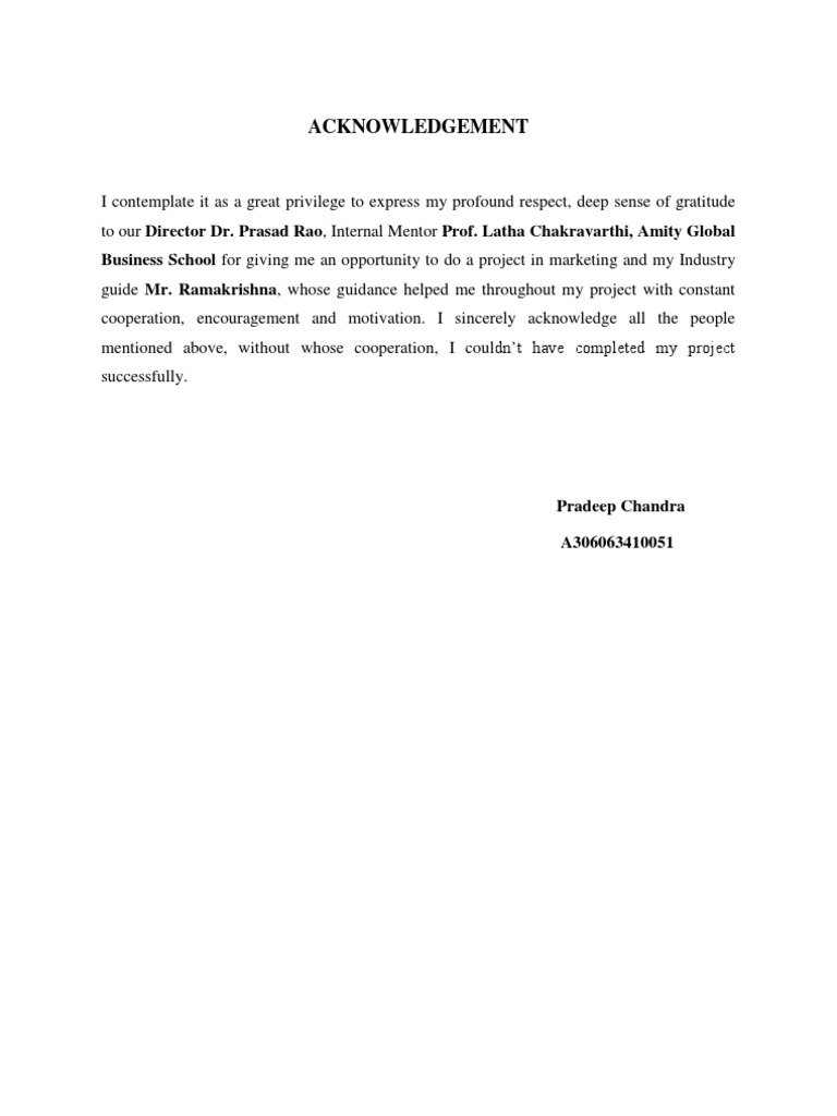 Acknowledgment for Marketing Project | PDF