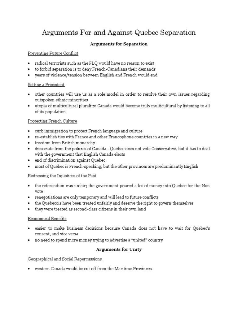 Arguments For and Against Quebec Separation | Download Free PDF ...