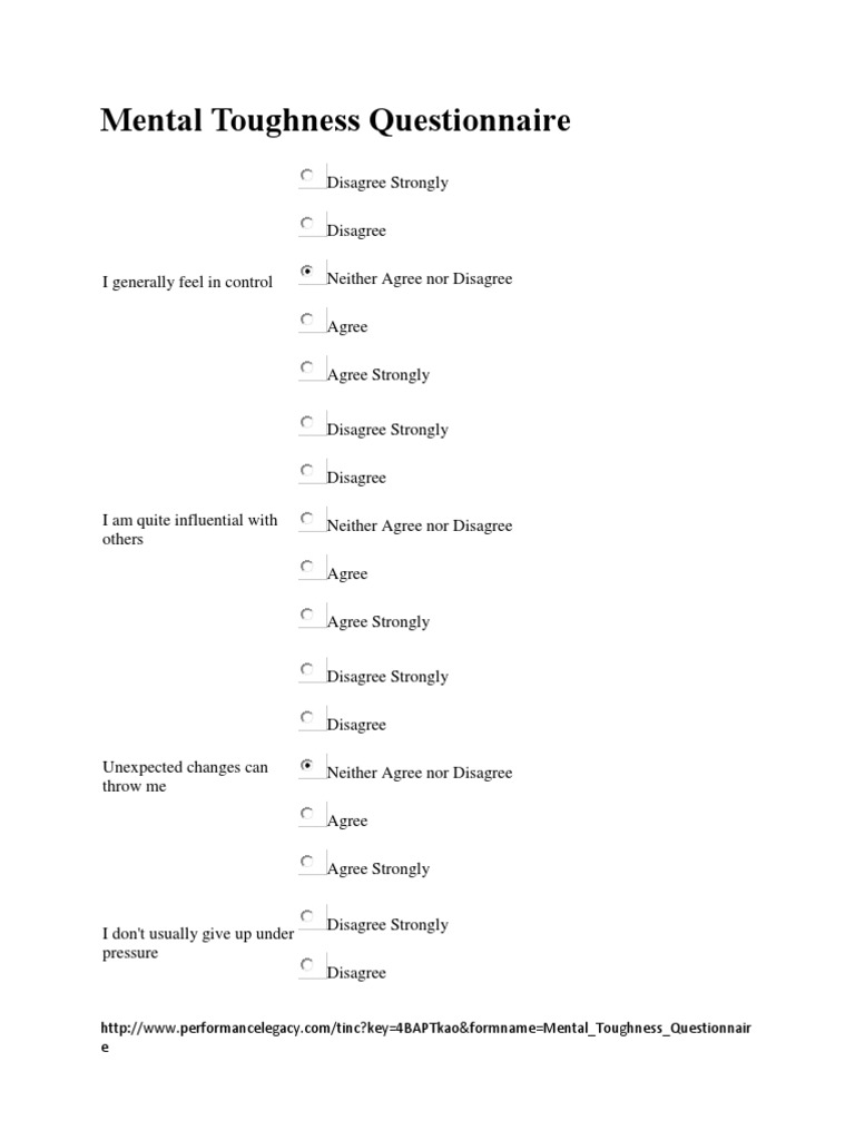 Mental Toughness Questionnaire | Psychology | Psychological Concepts