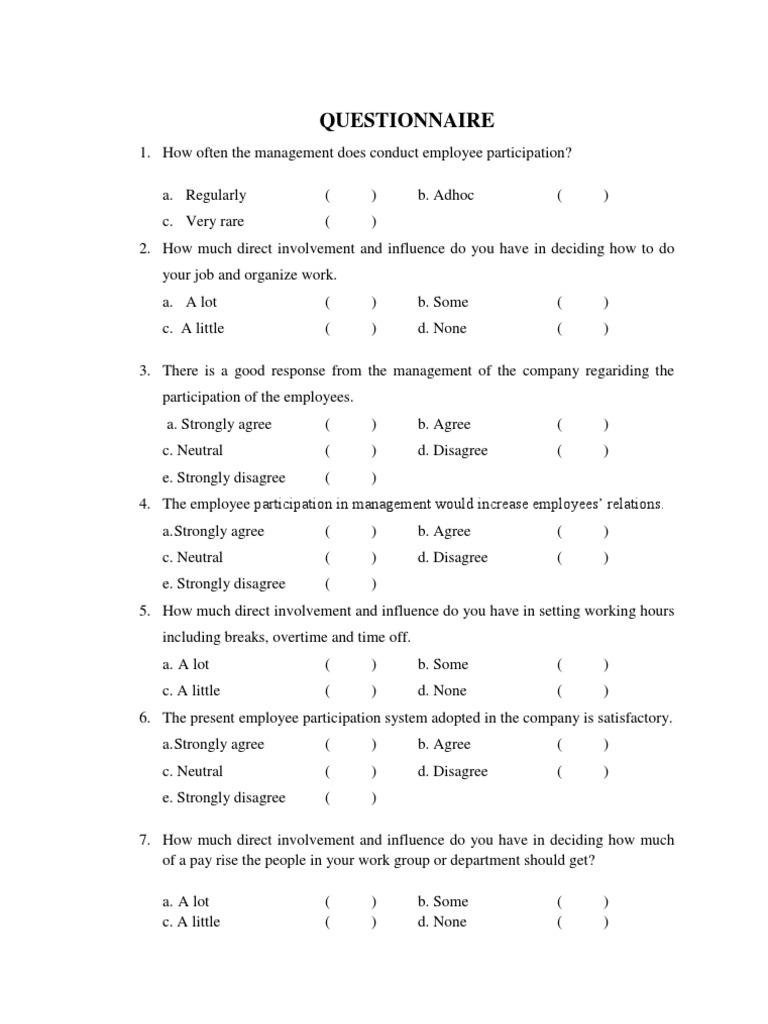 Employee Perspectives on Workplace Participation: A Questionnaire on ...