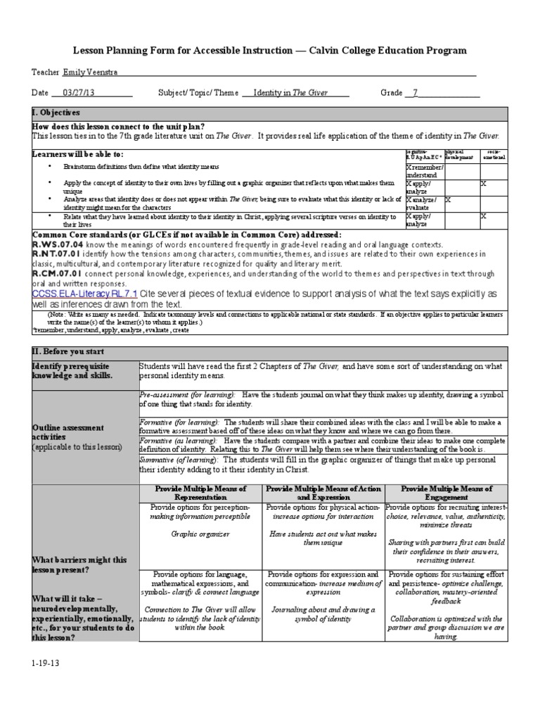 Lesson Plan - Identity in The Giver | PDF | Educational Assessment ...