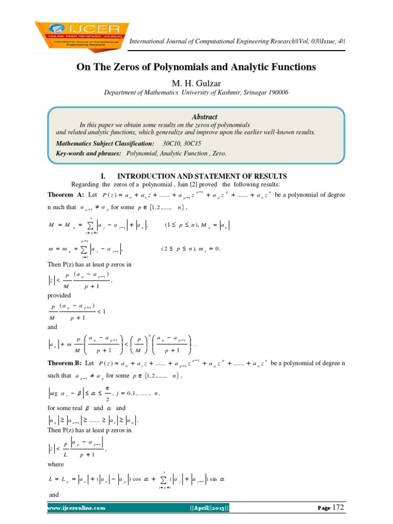 On The Zeros of Polynomials and Analytic Functions: M. H. Gulzar | PDF | Zero Of A Function ...