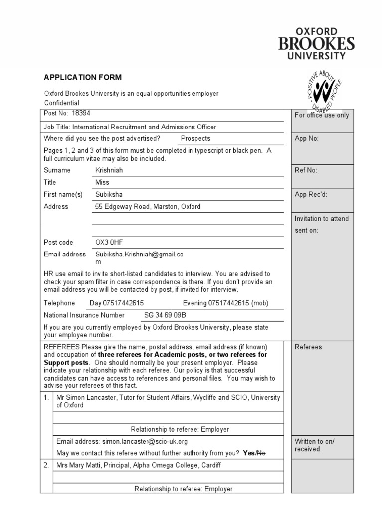 Application Form 2011 - Brookes International and Student Rec | PDF ...