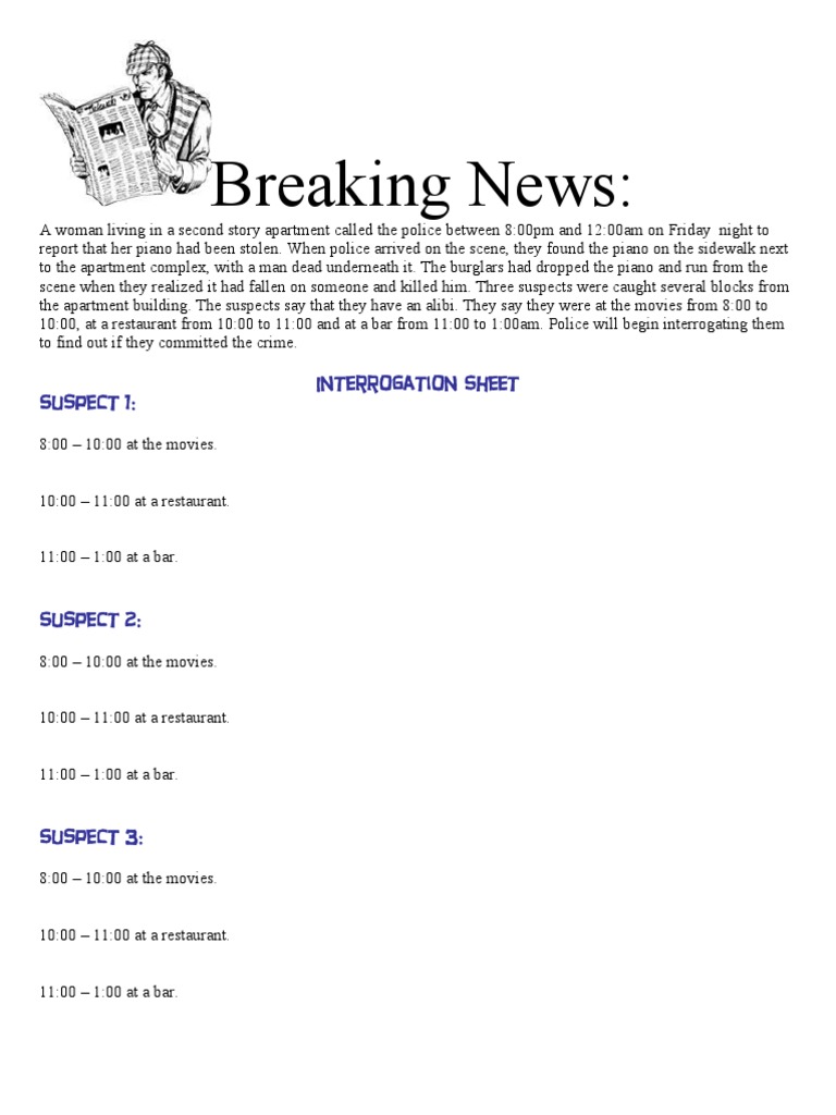 Breaking News:: Interrogation Sheet Suspect 1 | PDF | Homework | Vocabulary