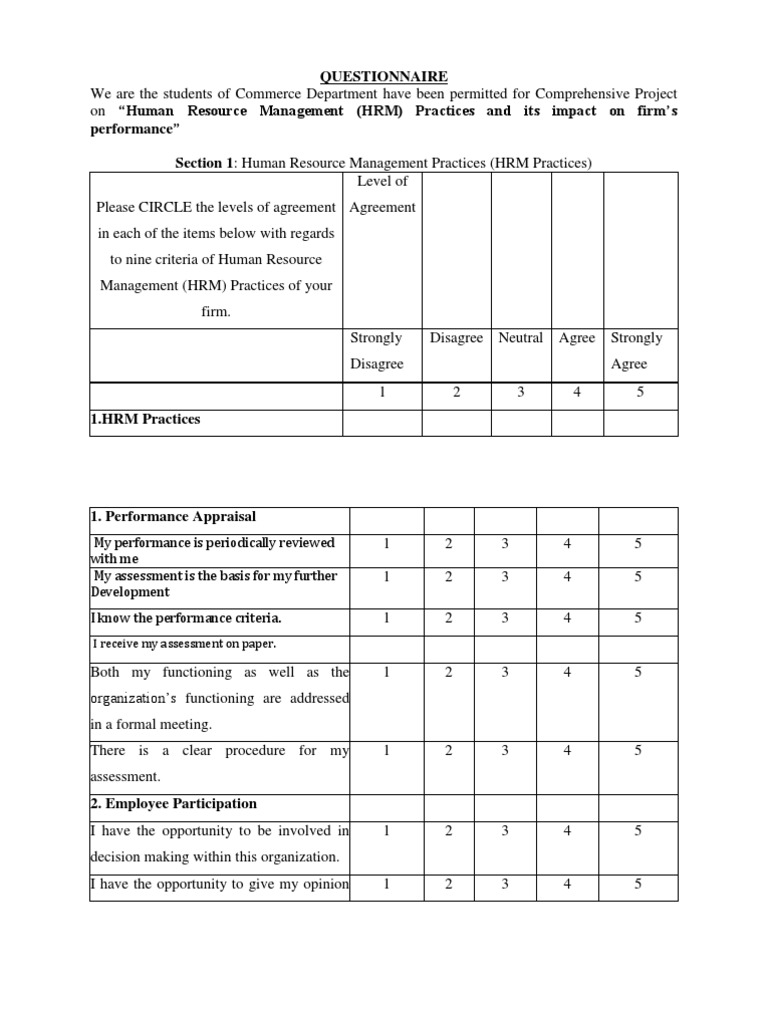 HRM Practices Impact Questionnaire | PDF | Human Resource Management ...