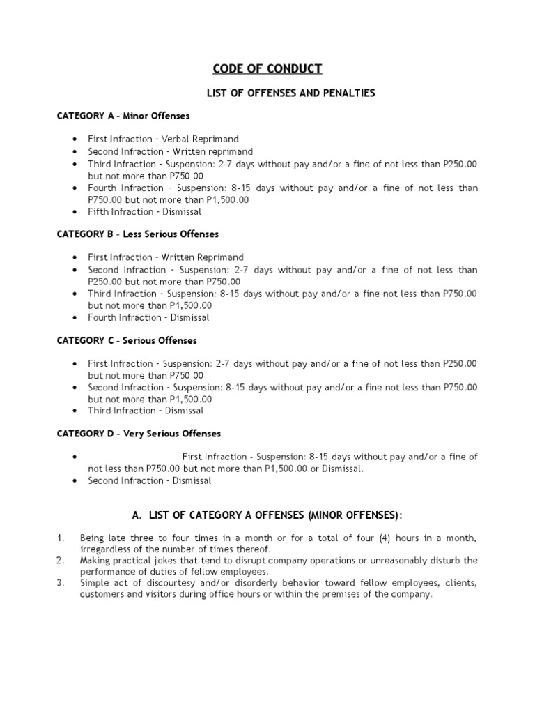 Code of Conduct: List of Offenses and Penalties | PDF | Conversion (Law ...
