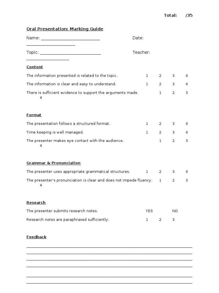Oral Presentation Marking Criteria | PDF