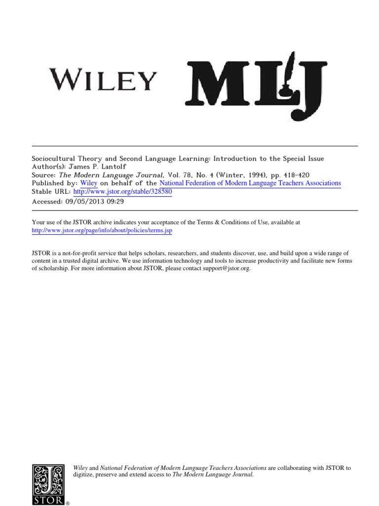 Lantolf 1994 Sociocultural Theory and Second Language Learning ...
