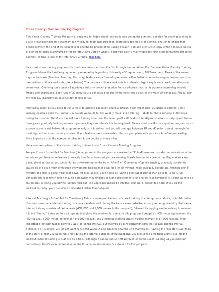 Cross Country - Summer Training Program: Click Here | Download Free PDF ...
