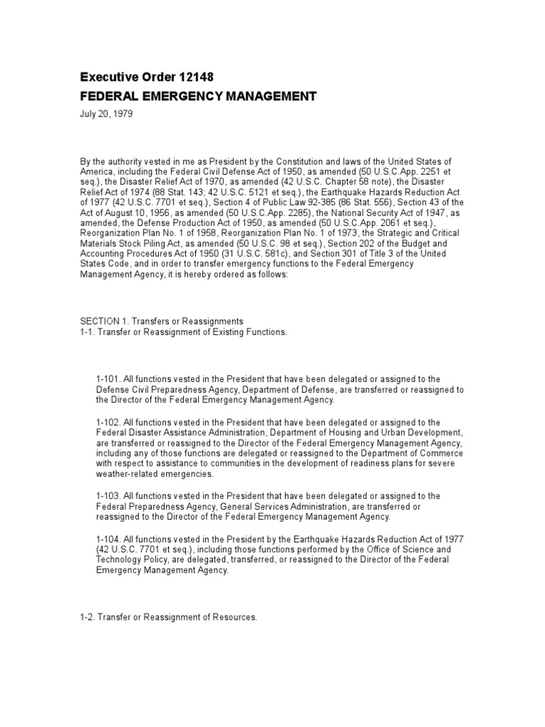 Executive Order 12148 | PDF | Emergency Management | Federal Emergency ...
