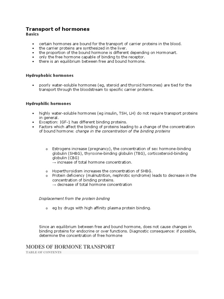 Transport of Hormones | PDF | Hormone | Endocrine System