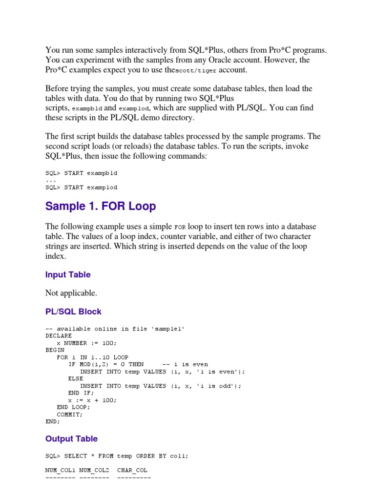Sample 1. FOR Loop: Input Table | PDF | Pl/Sql | Sql