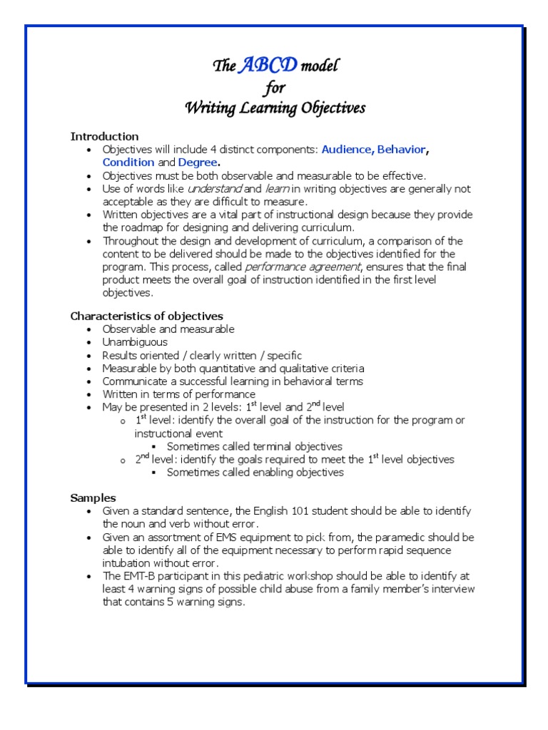 The Model For Writing Learning Objectives: Audience, Behavior Condition Degree | PDF