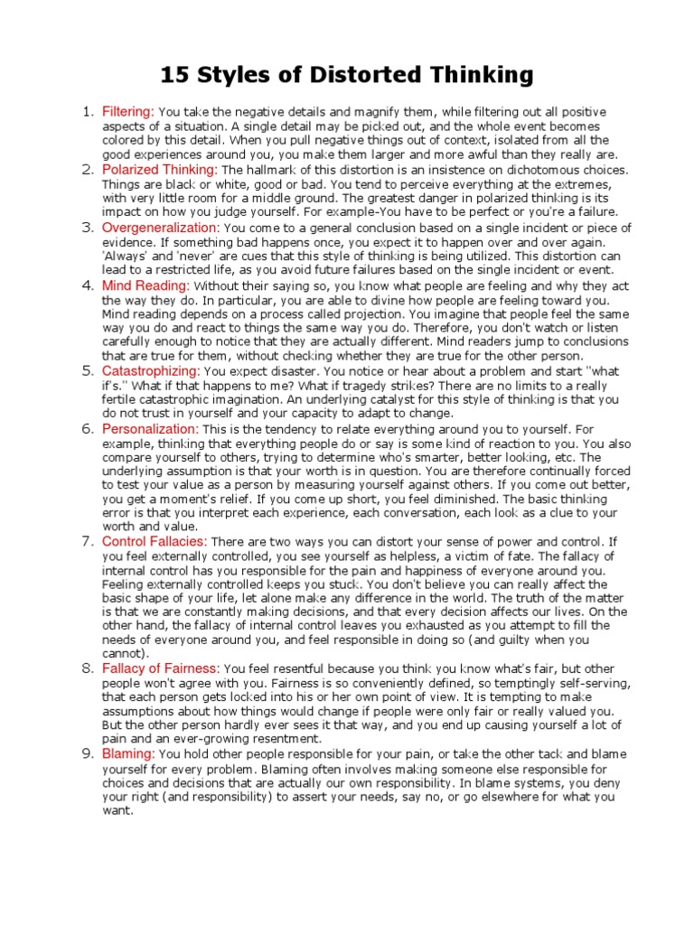 15 Styles of Distorted Thinking | PDF | Thought | Fallacy