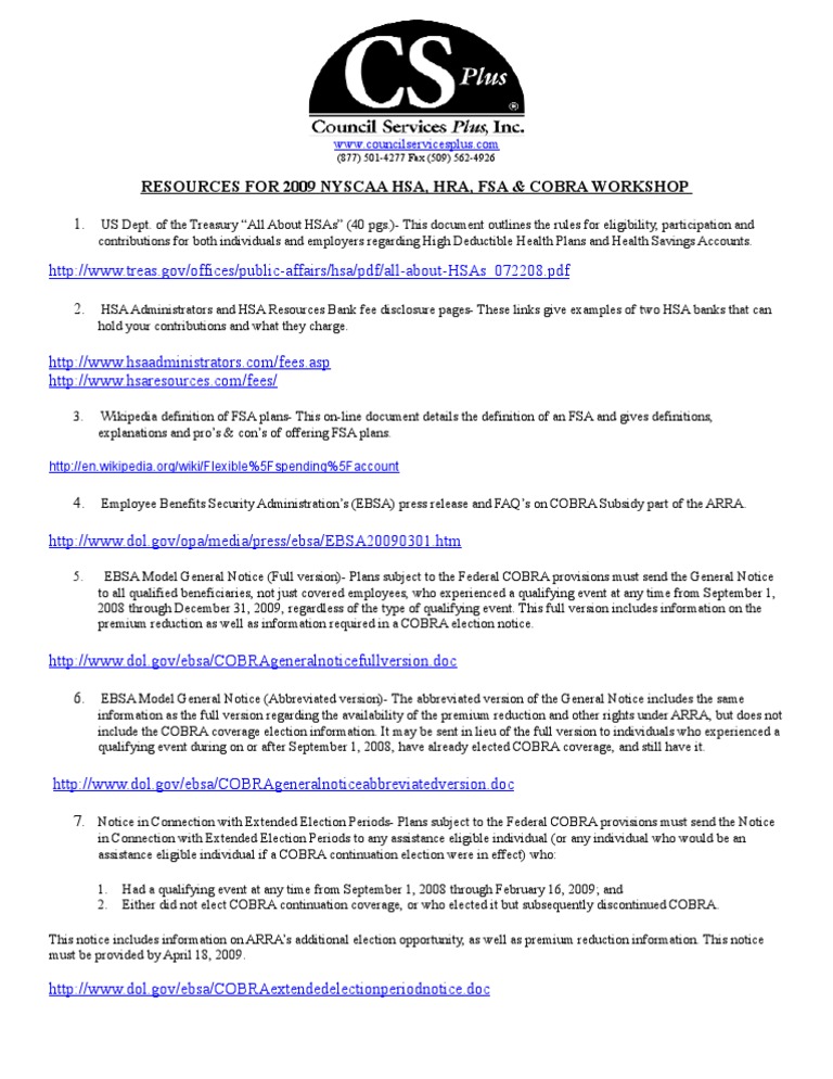 2009 NYSCAA HSA, HRA, FSA & COBRA Resources | PDF | Consolidated ...