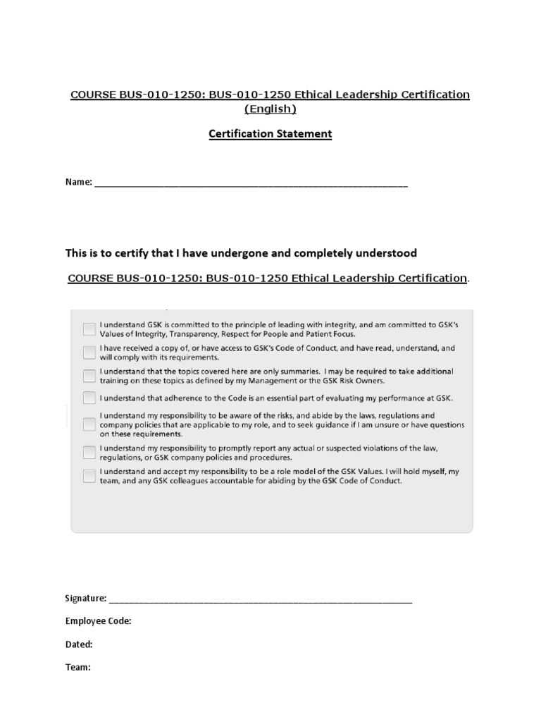 Certification Statement: COURSE BUS-010-1250: BUS-010-1250 Ethical ...