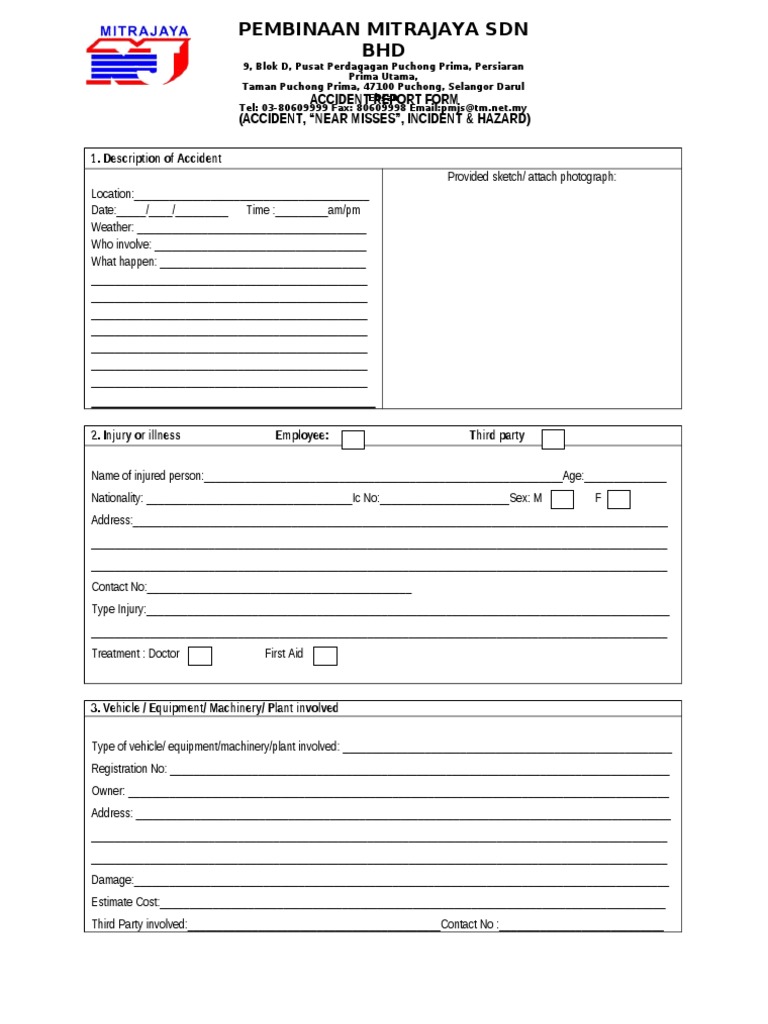 Accident Report Form (Accident, "Near Misses", Incident & Hazard) | PDF ...