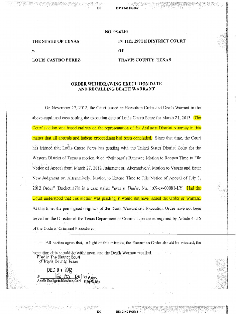 Order Withdrawing Execution Dateand Recalling Death Warrant | PDF | Cm ...