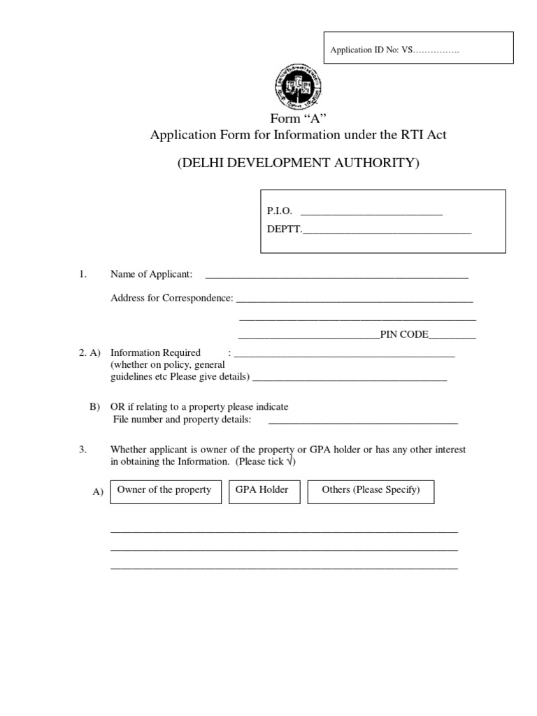 Form "A" Application Form For Information Under The RTI Act (Delhi ...