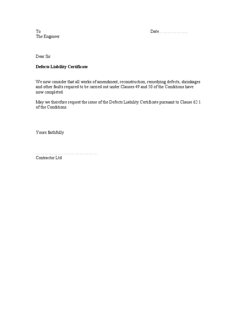 Defects Liability Certificate | PDF