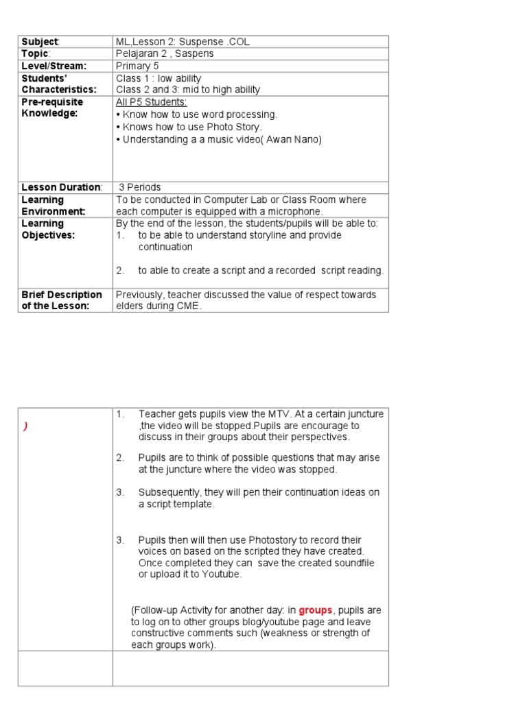 COL Lesson P5 | PDF | Lesson Plan | Teaching