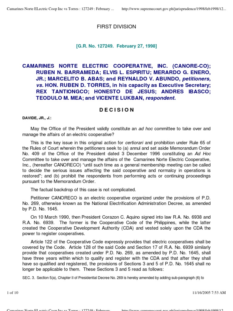 Canoreco v. Torres GR 127249 2-27-1998 | PDF | Board Of Directors ...