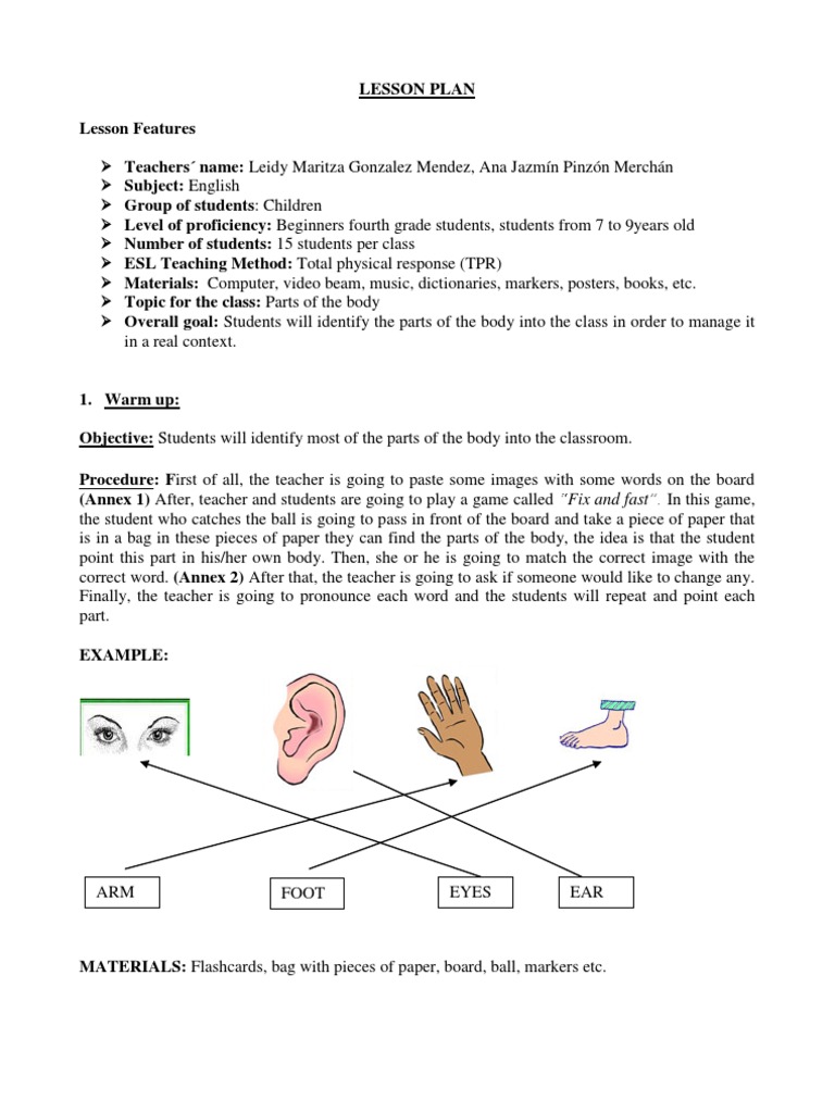 Lesson Plan Parts of The Body, and Annexes | PDF | Lesson Plan | Learning