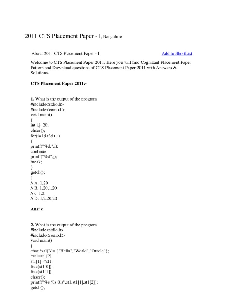 CTS Placement Paper 1 | PDF
