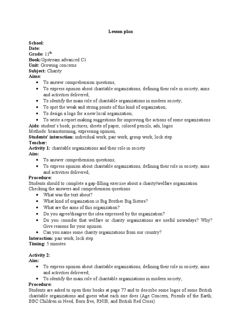 Charity Lesson Plan | PDF | Reading Comprehension | Charitable Organization