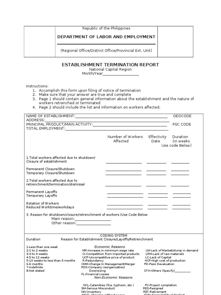 Establishment Termination Report Form | PDF | Layoff | Capitalism