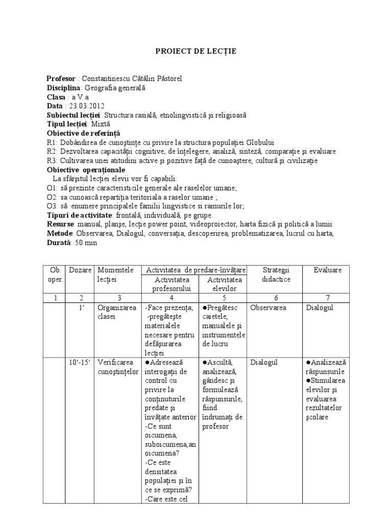 Structura Populatiei Proiect Lectie Clasa A V A | PDF