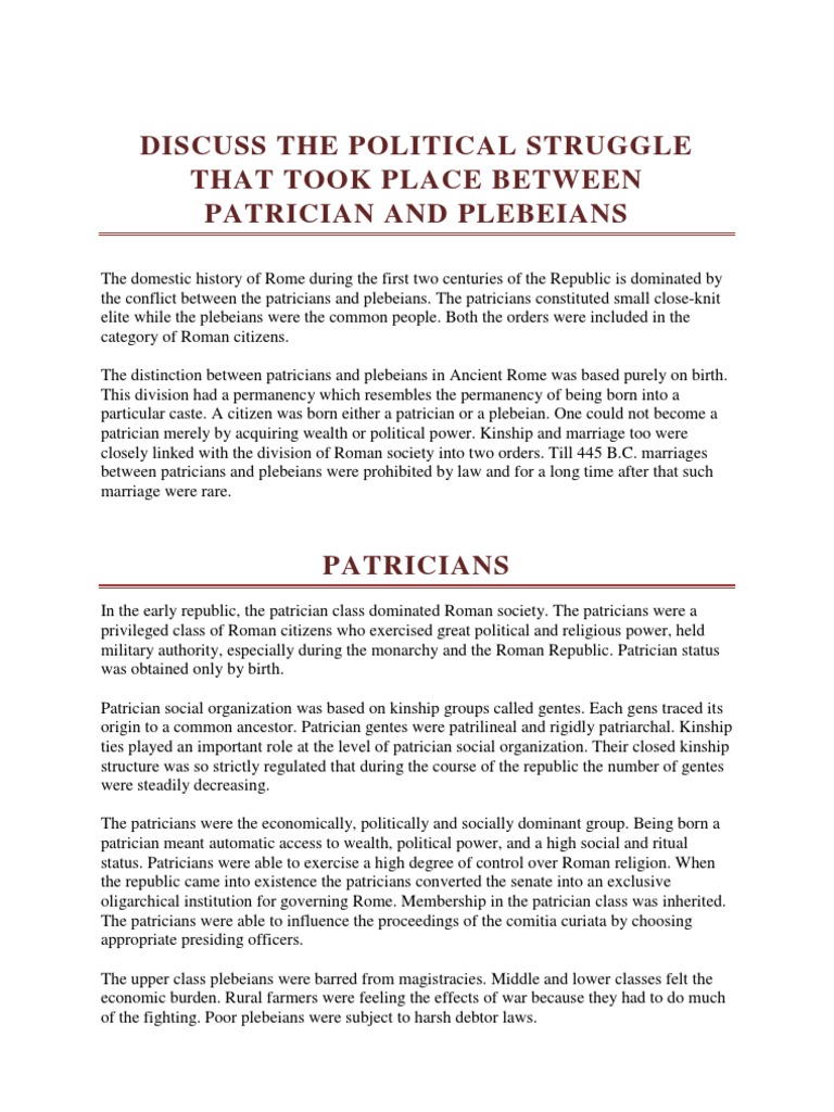 Struggle Between Patricians and Plebeians | PDF | Roman Republic ...