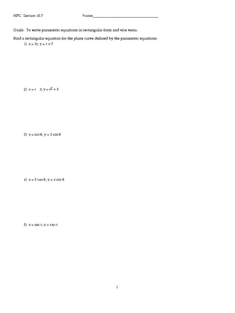 Parametric Worksheet Pdf Differential Topology Analysis