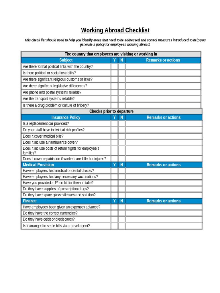 Working Abroad Policy Checklist | PDF | Emergency | Employment