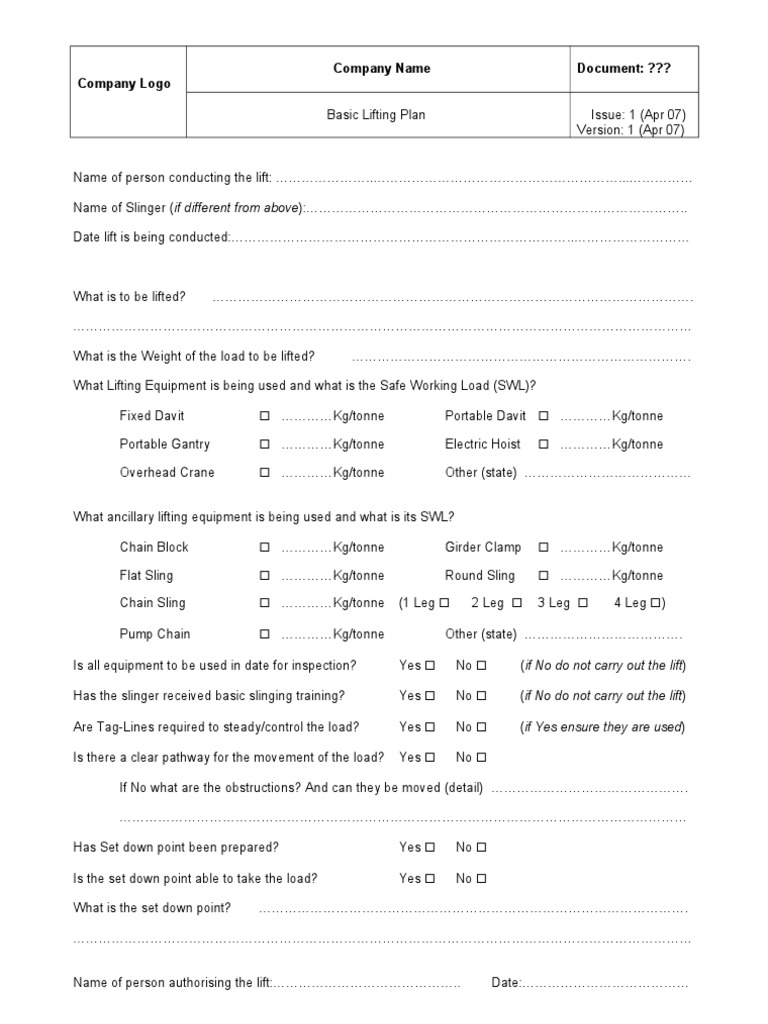 Basic Lifting Plan | Manufactured Goods