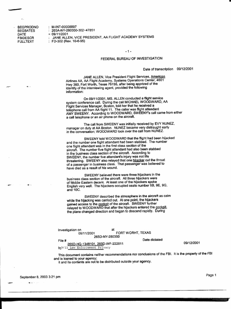 T7 B11- FBI 302s- Cockpit and American and Hijacker Fdr- FBI 302 S ...